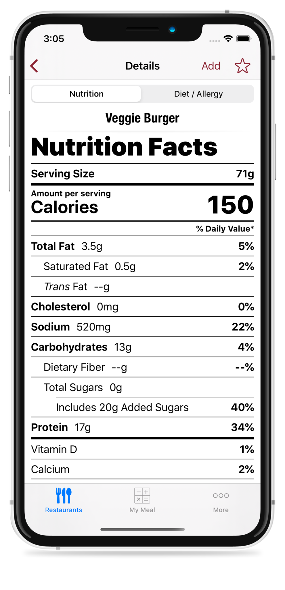 Menu Venue + App – Nutrition Addition